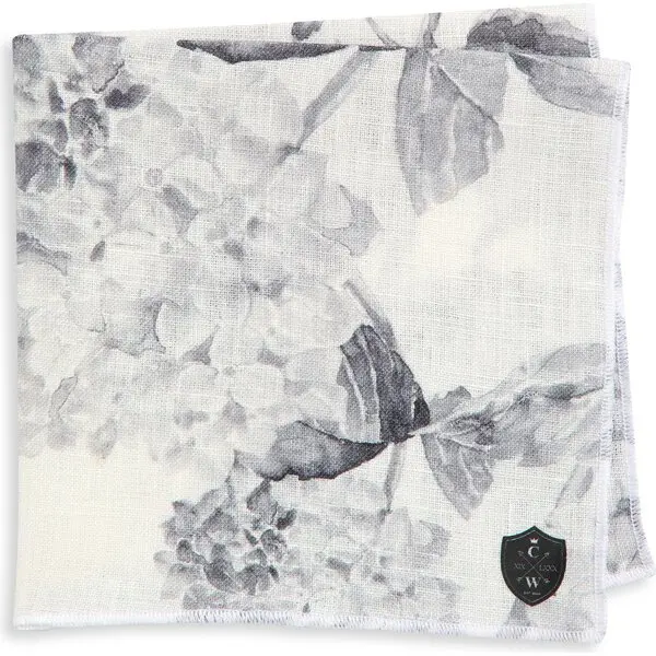 CLIFTON WILSON Grey & White Floral Linen Pocket Square - Gray