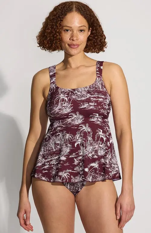 LANDS' END Dd-cup Adjustable Scoop Neck Flutter Tankini Top - Burgundy Island Scenic