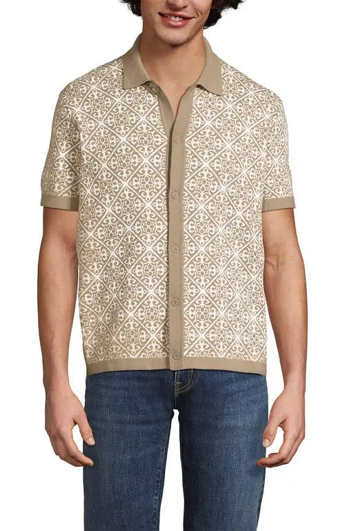 LANDS' END Short Sleeve Tile Jacquard Button Down Sweater Polo - Khaki /vanilla Tile