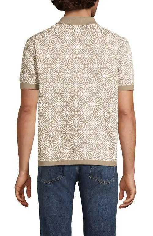 LANDS' END Short Sleeve Tile Jacquard Button Down Sweater Polo - Khaki /vanilla Tile