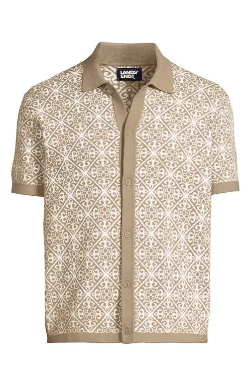 LANDS' END Short Sleeve Tile Jacquard Button Down Sweater Polo - Khaki /vanilla Tile