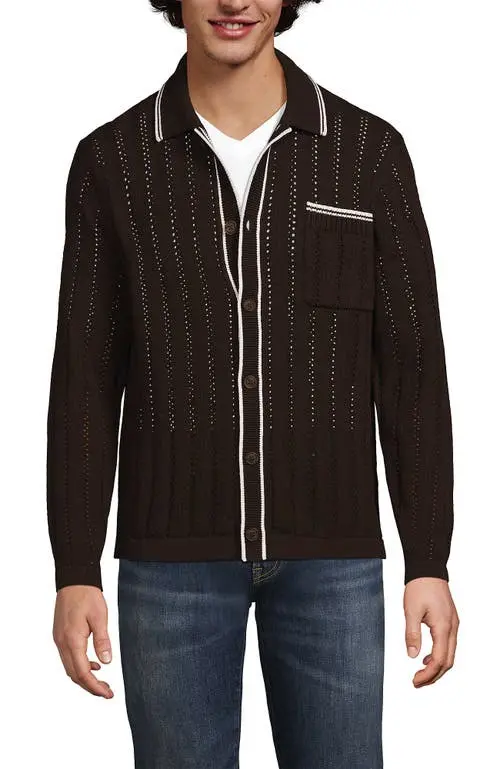 LANDS' END Long Sleeve Polo Cardigan - Rich Coffee