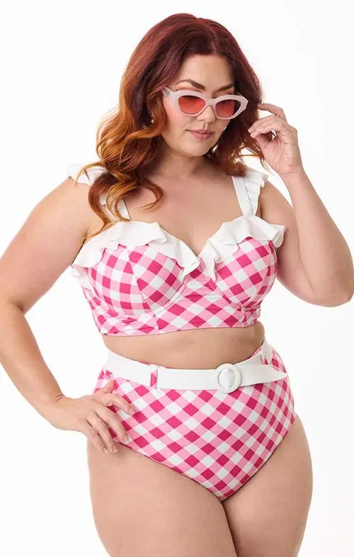 Unique Vintage Ruffled Southampton Swim Top - Pink Gingham