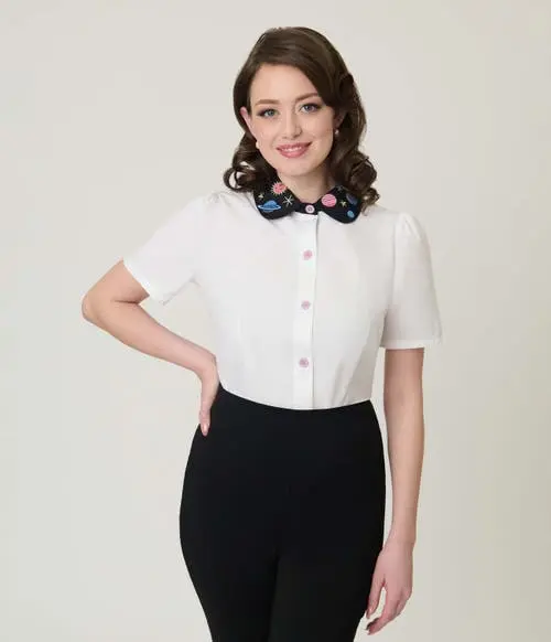 Unique Vintage 1940s Collared Blouse - White W/black Collar