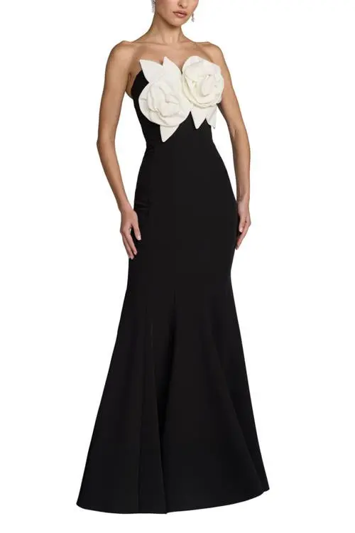 Mac Duggal Crepe Strapless Mermaid Gown With 3d Flowers - Black Ivory