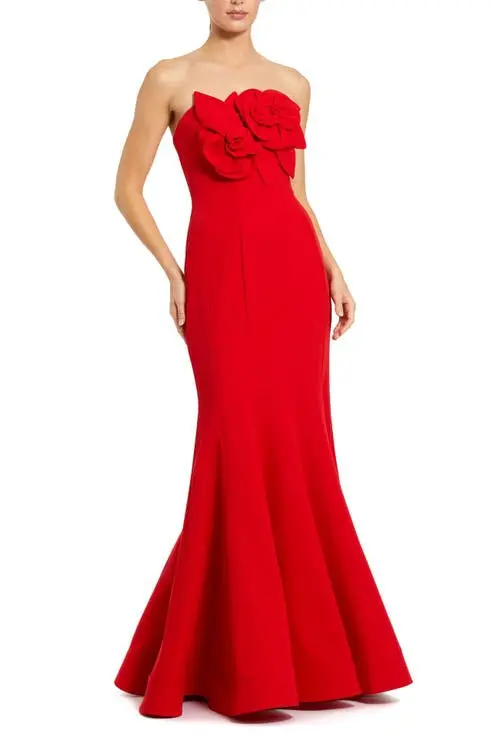 Mac Duggal Crepe Strapless Mermaid Gown With 3d Flowers - Red