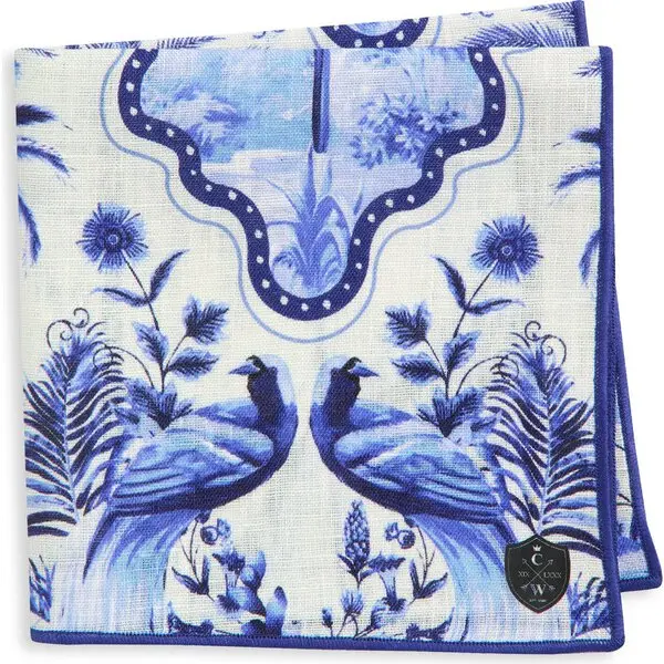 CLIFTON WILSON White Palms Linen Pocket Square - Blue
