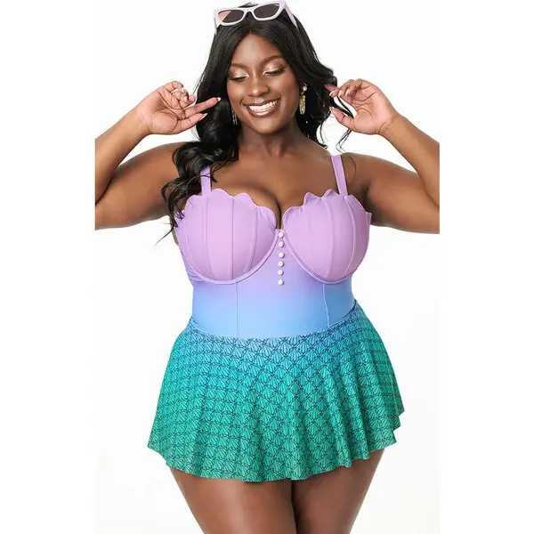 Unique Vintage Sweetheart One Piece Swimsuit With Skirt - Purple/blue Ombre