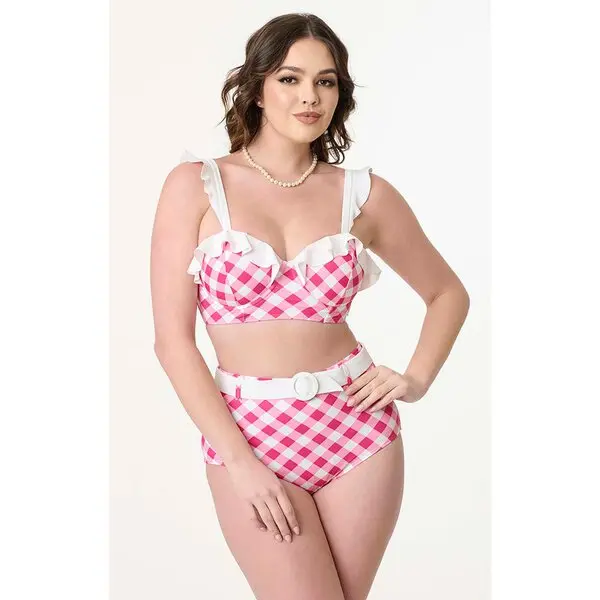 Unique Vintage Ruffled Longline Southampton Swim Top - Pink Gingham