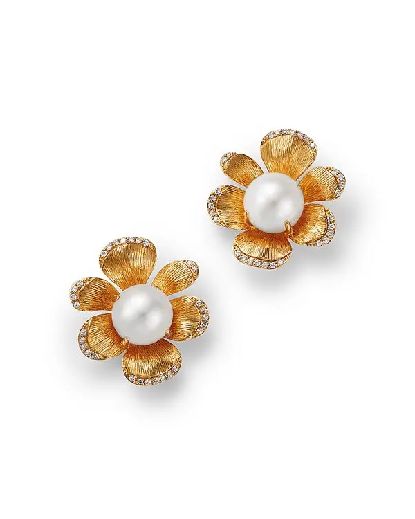 Bloomingdale'S Freshwater Pearl And Diamond Flower Stud Earrings - Gold