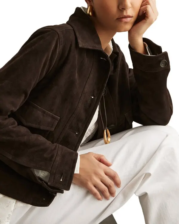 REISS Suede Trucker Jacket - Chocolate