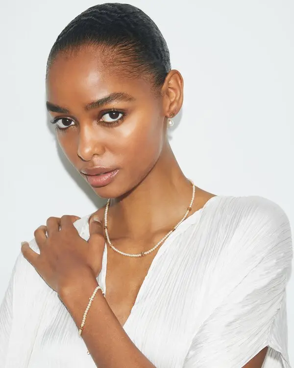 Tory Burch Kira Double T & Imitation Pearl Collar Necklace