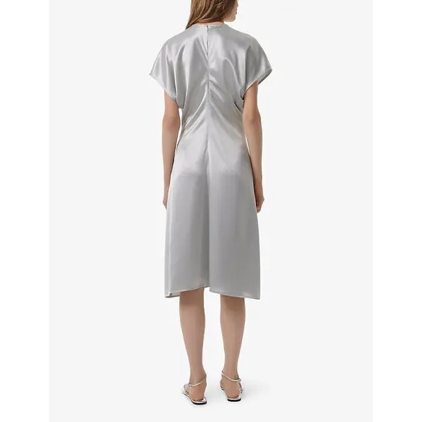 Leem Womens Grey Batwing-Sleeve Satin Midi Dress S
