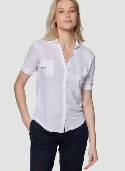 Majestic Filatures Stretch Linen 3/4 Sleeve Pocket Shirt - Blanc