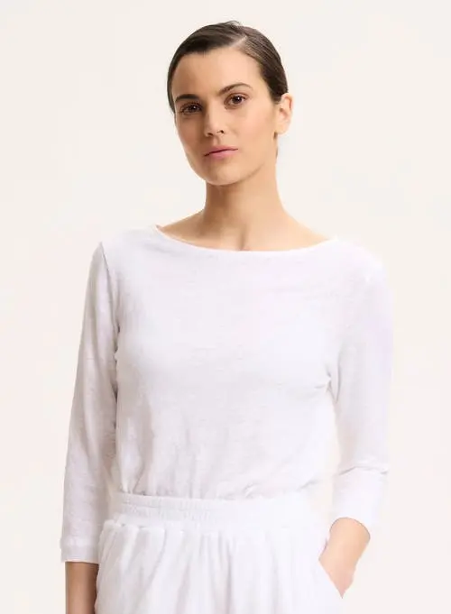 Majestic Filatures Stretch Linen Three-quarter Sleeve Boatneck T-shirt - Blanc