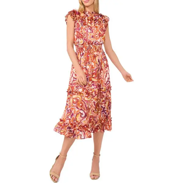 CECE DUPRAZ Flutter Sleeve Smocked Waist Midi Dress - Wine
