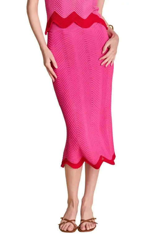 English Factory Scallop Knit Midi Skirt - Pink/ Red