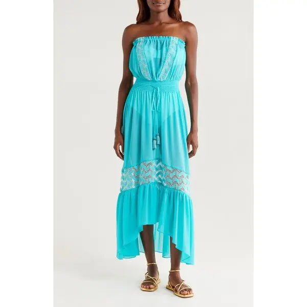 Ramy Brook Dorian Strapless Semisheer Cover-up Maxi Sundress - Beach Blue W/ White