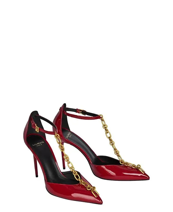 Balmain Patent Leather Stilettos With Pointed Toe And Chain Detailing - Red