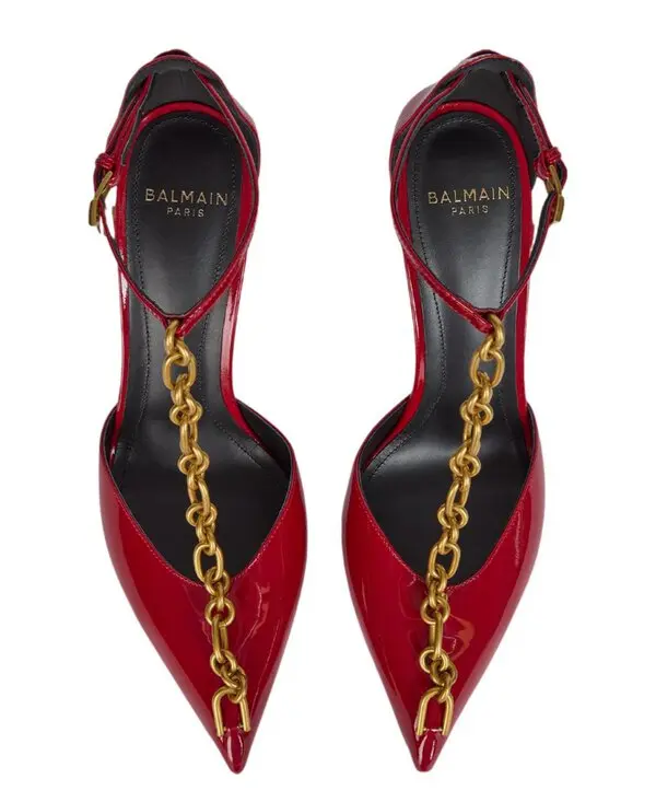 Balmain Patent Leather Stilettos With Pointed Toe And Chain Detailing - Red