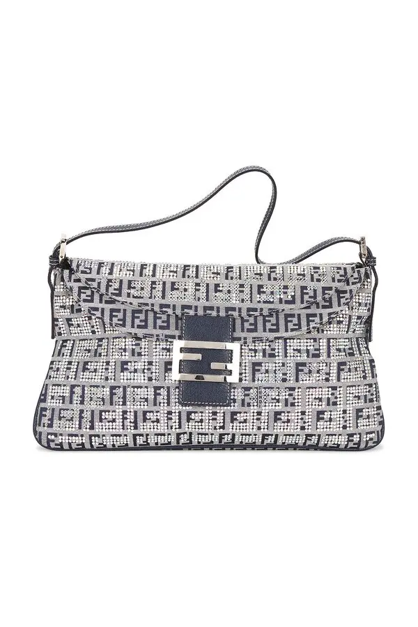 Fendi Embellished Zucchino Double Flap Baguette