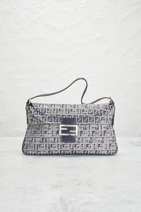 Fendi Embellished Zucchino Double Flap Baguette