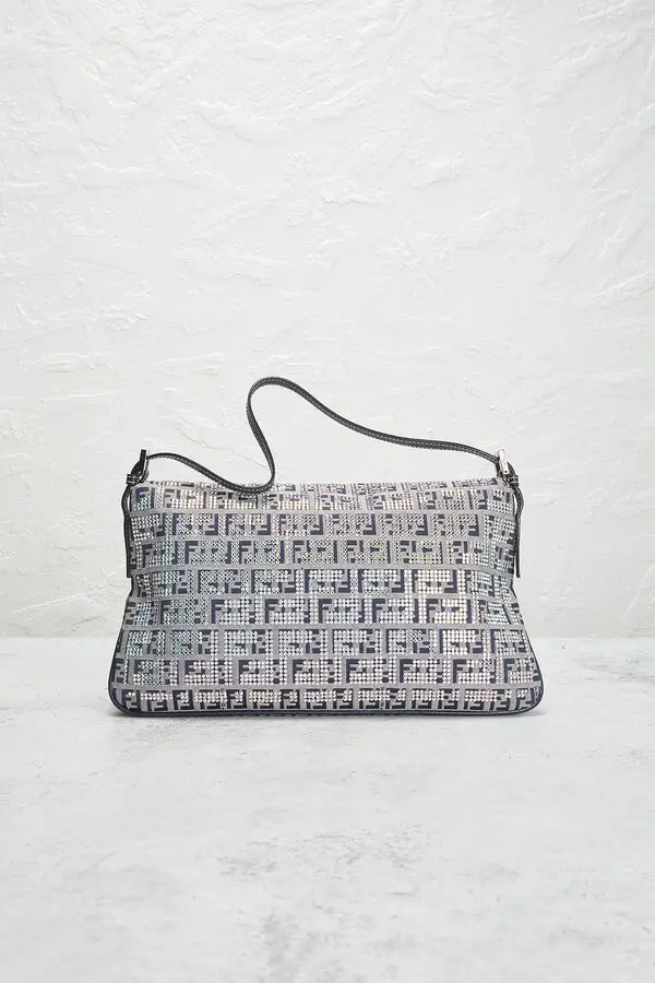 Fendi Embellished Zucchino Double Flap Baguette