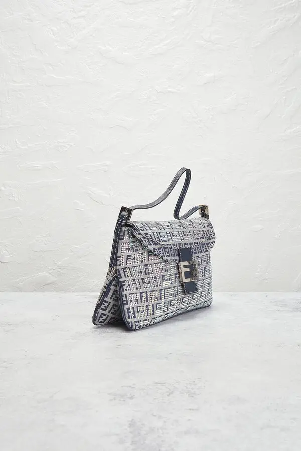 Fendi Embellished Zucchino Double Flap Baguette