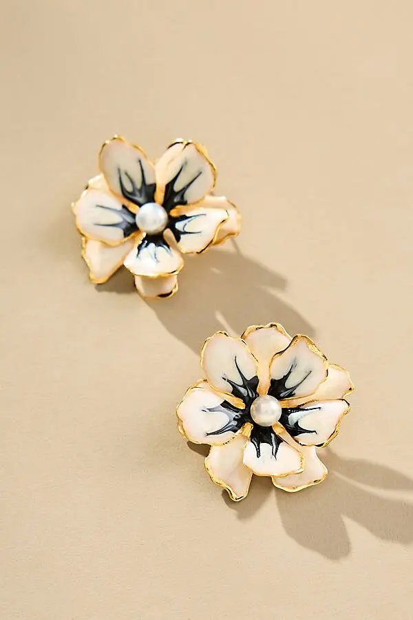 THE PINK REEF Handpainted Flower Stud Earrings - Black & White Pattern