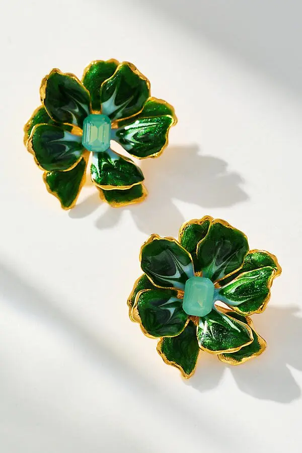 THE PINK REEF Handpainted Flower Stud Earrings - Green