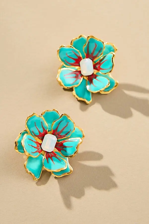 THE PINK REEF Handpainted Flower Stud Earrings - Hawaiian Blue