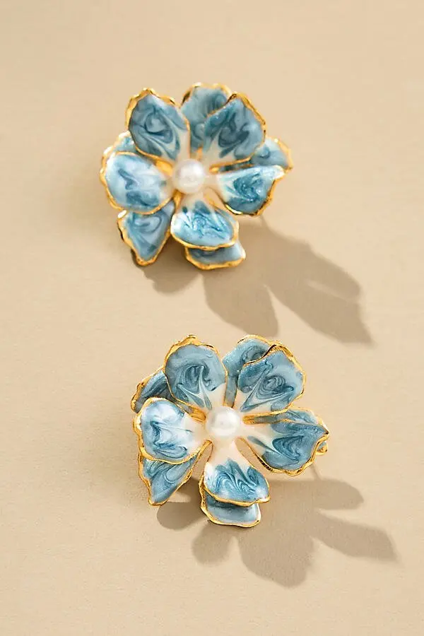THE PINK REEF Handpainted Flower Stud Earrings - Light Blue