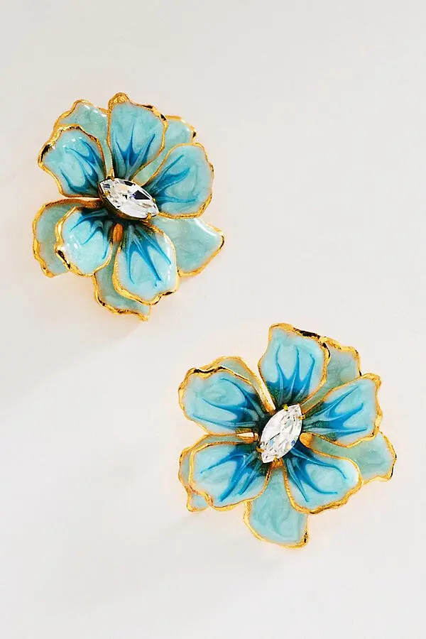 THE PINK REEF Handpainted Flower Stud Earrings - Ocean Blue