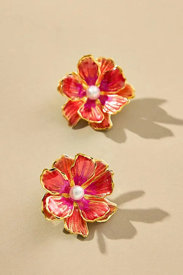THE PINK REEF Handpainted Flower Stud Earrings - Pink Pattern