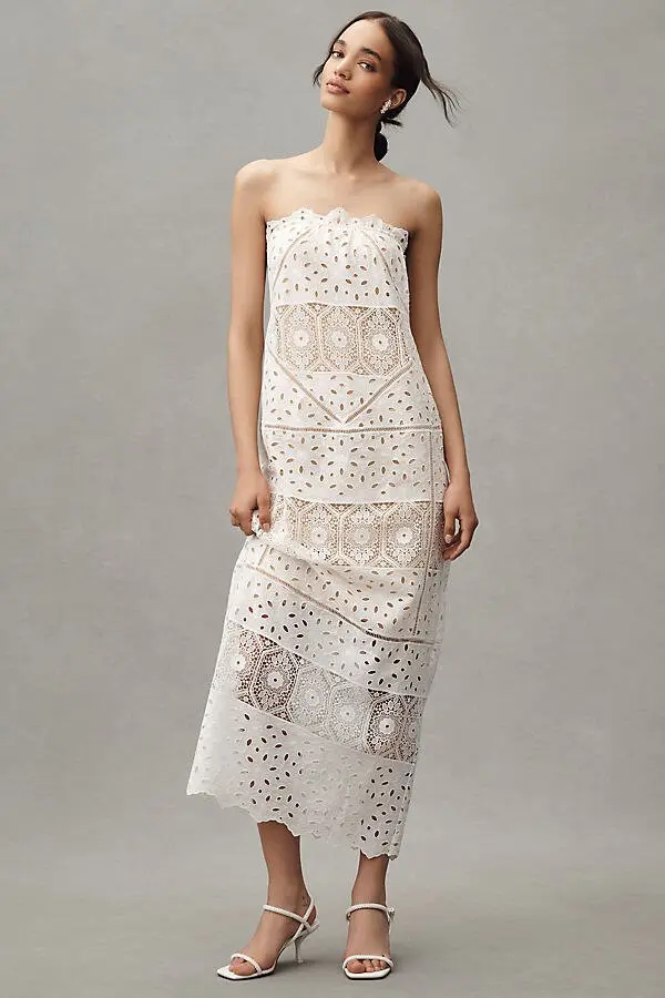 Bhldn Strapless Eyelet Column Maxi Dress - White