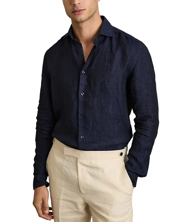 REISS Linen Slim Fit Shirt - Navy