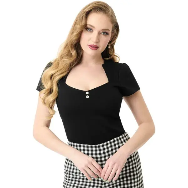 Unique Vintage Pentagon Collar Knit Top - Solid Black