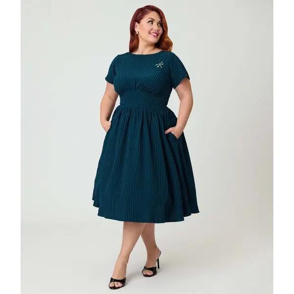 Unique Vintage Smocked Back Swing Dress - Blue Daronfly Brooch Print