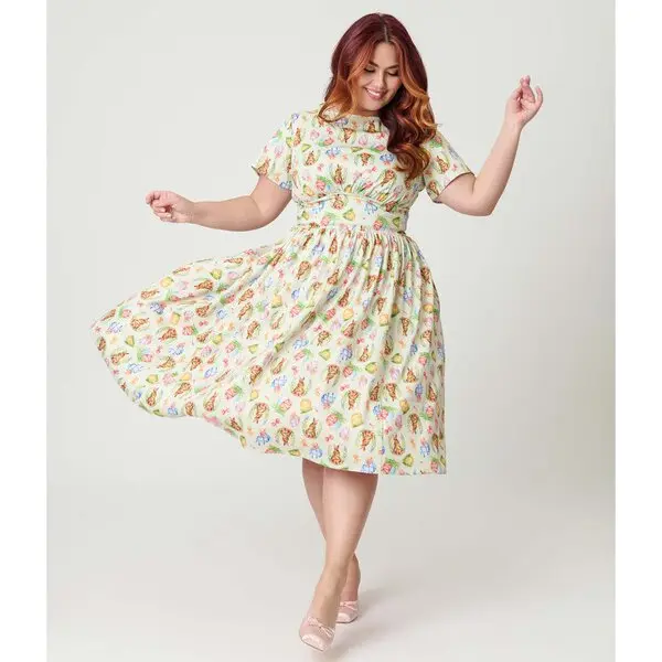 Unique Vintage Smocked Back Swing Dress - Green W/bunny Print