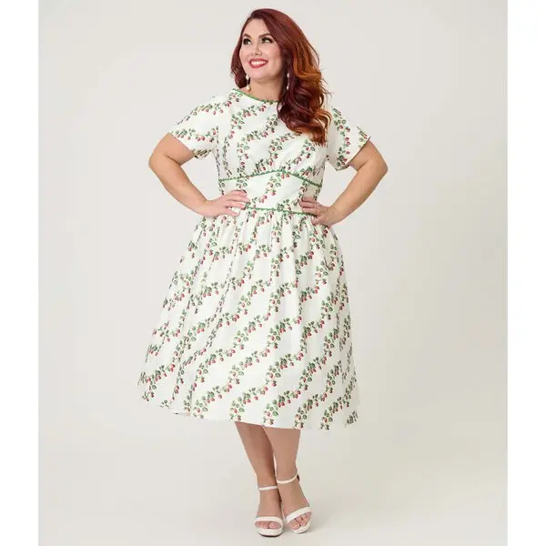 Unique Vintage Smocked Back Swing Dress - White W/strawberry Print