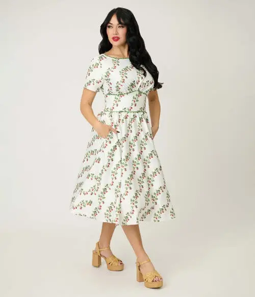 Unique Vintage Swing Dress With Smocked Back - White W/strawberry Print