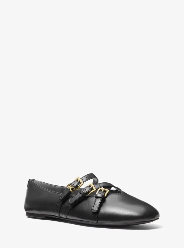 Michael Kors Indy Flex Leather Ballet Flats With Buckled Straps - Black