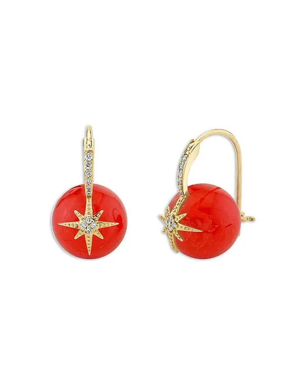 SYDNEY EVAN 14k Yellow Diamond Starburst & Red Coral Drop Earrings - Gold