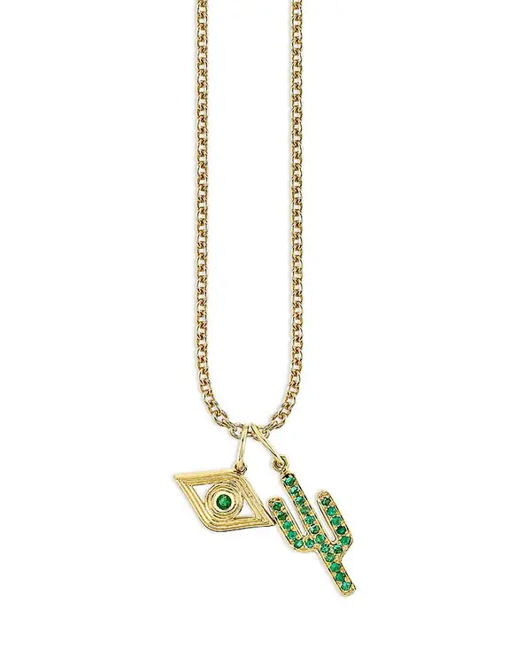 SYDNEY EVAN 14k Yellow Emerald Cactus & Evil Eye Pendant Necklace - Gold