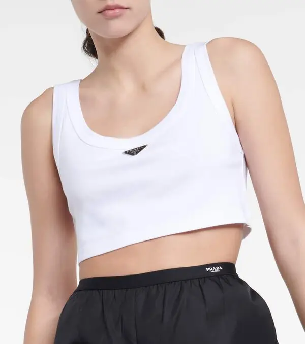 Prada Logo Cotton Jersey Crop Top - White