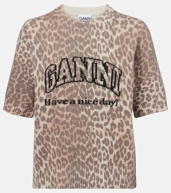 GANNI Leopard-print Wool-blend Top - Brown