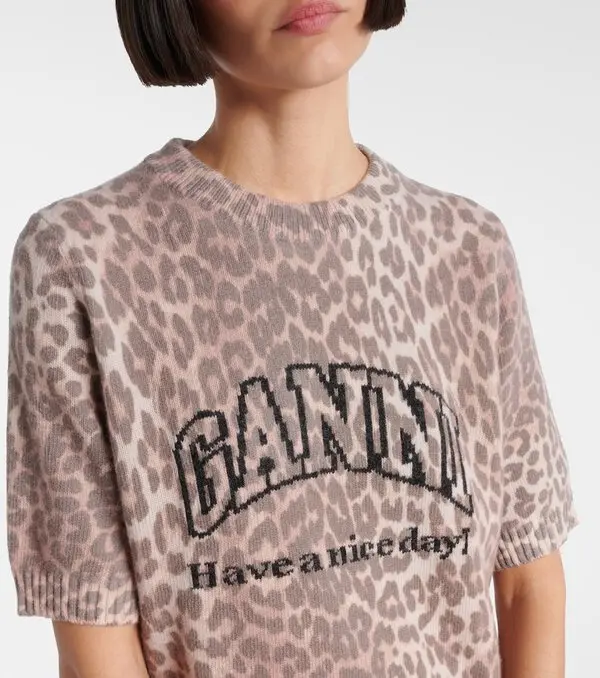 GANNI Leopard-print Wool-blend Top - Brown