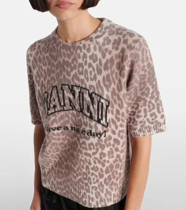 GANNI Leopard-print Wool-blend Top - Brown