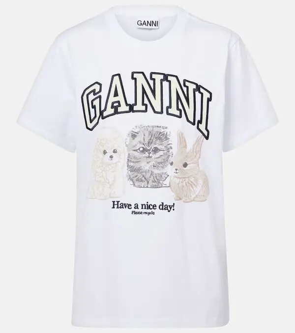 GANNI Printed Organic Cotton Jersey T-shirt - White