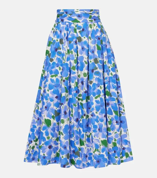 Carolina Herrera Floral Cotton-blend Midi Skirt - Blue
